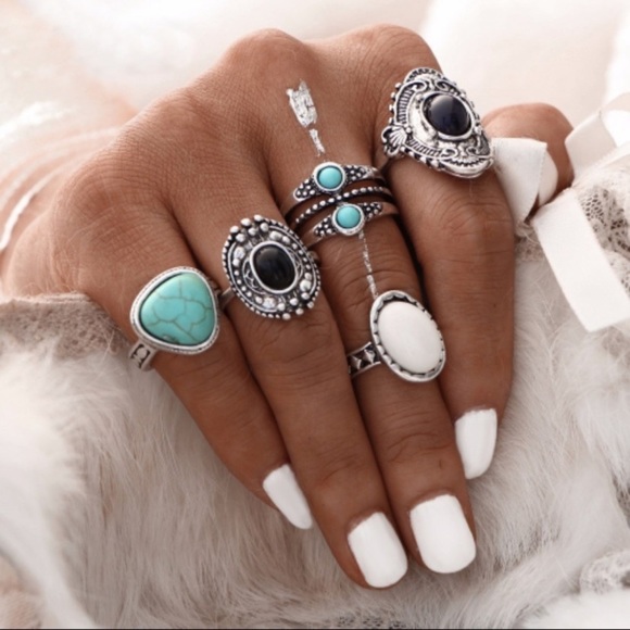 Jewelry | 33 5 Piece Boho Turquoise Silver Stack Ring Set | Poshmark